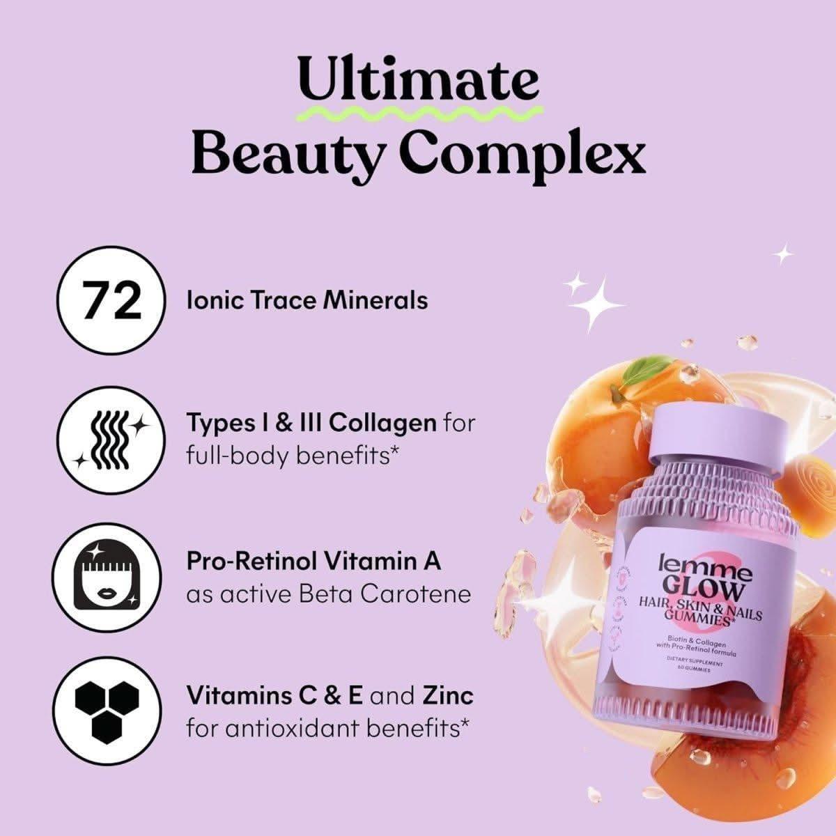 Lemme Glow Collagen Hair, Skin, & Nail Gummies Peach Flavor, 60 Ct.